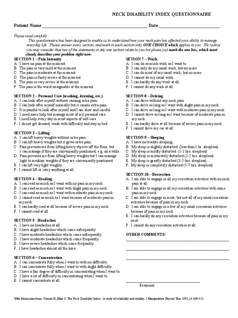 Neck Disability Index | Download Free PDF | Pain | Medicine
