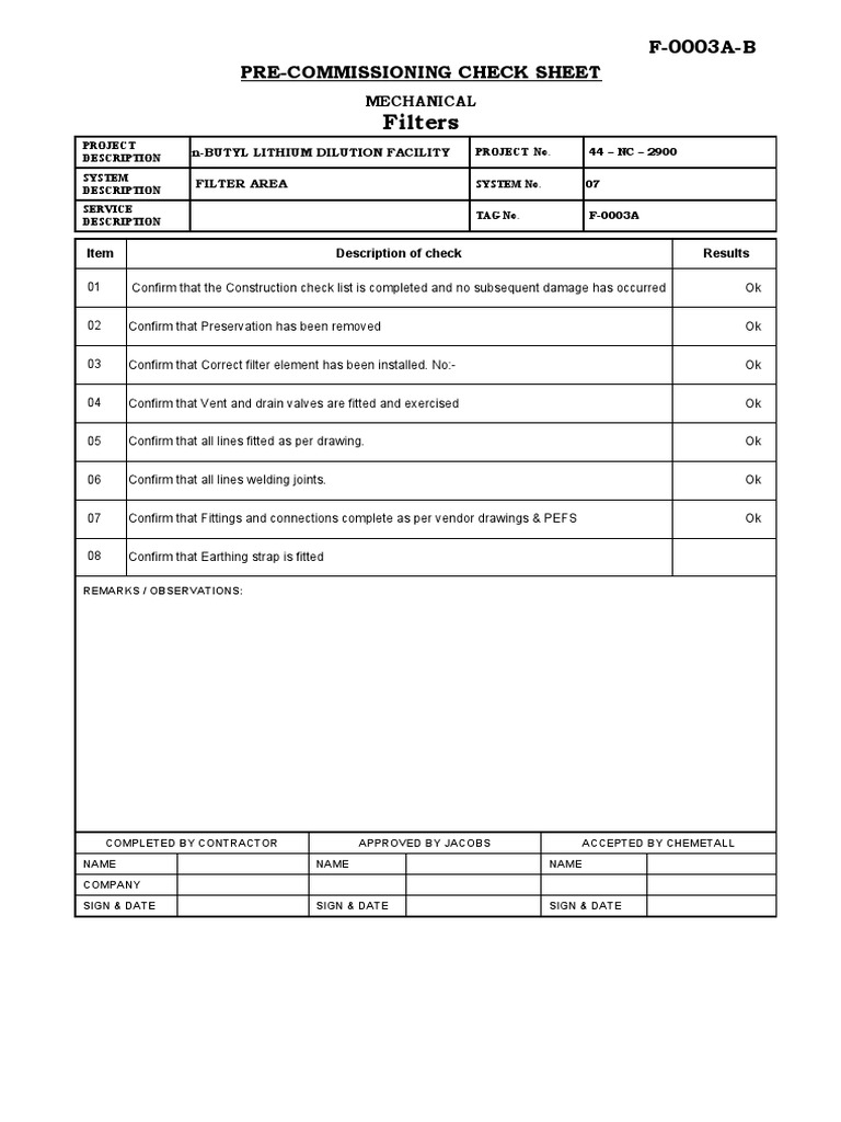Filters: Pre-Commissioning Check Sheet | PDF