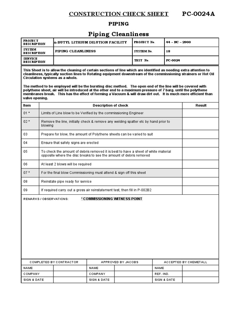 Construction Check Sheet Piping Cleanliness PC-0024A | PDF | Building ...