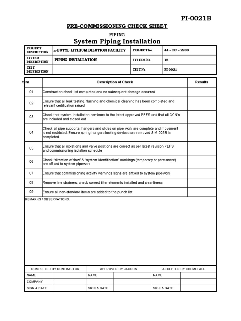 Pre-Commissioning Check Sheet: Piping | PDF