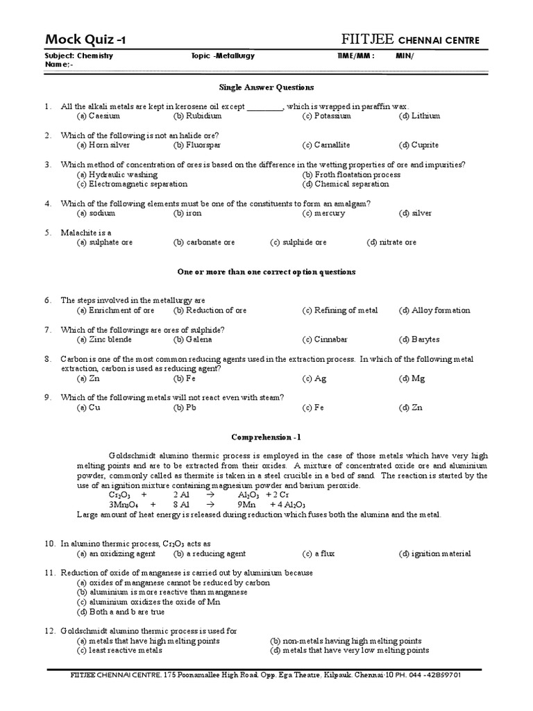Mock Quiz -1 Chemistry Metallurgy | PDF | Oxide | Aluminium