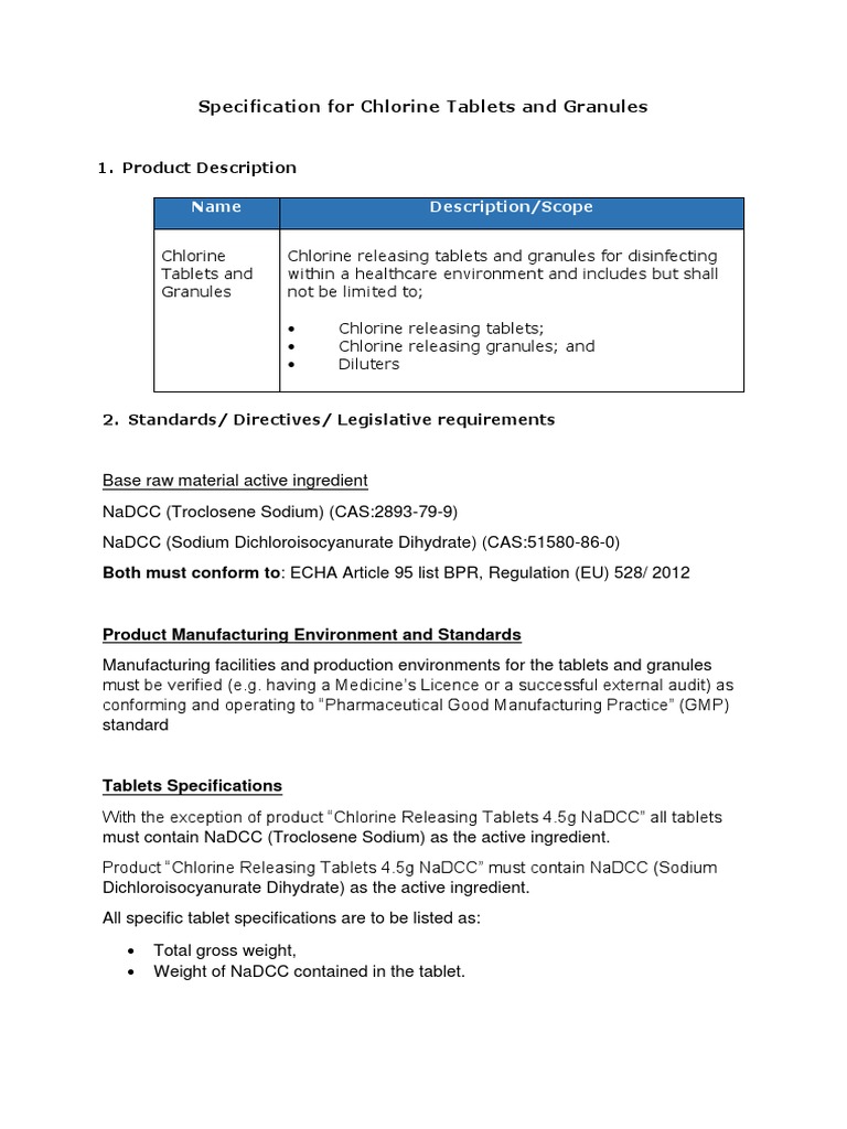 Chlorine Tablets and Granules Specifications PDF | PDF