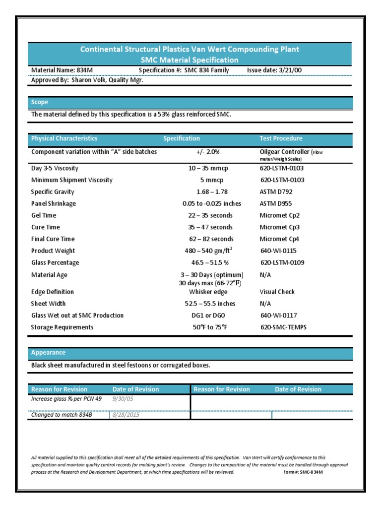 SMC 834M Material Specification for 53% Glass Reinforced SMC | PDF ...