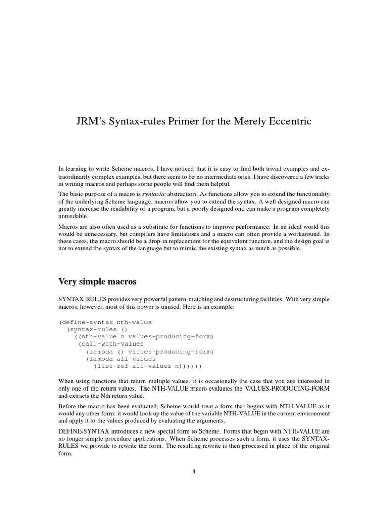 JRM's Syntax-Rules Primer For The Merely Eccentric: Very Simple Macros | Download Free PDF ...
