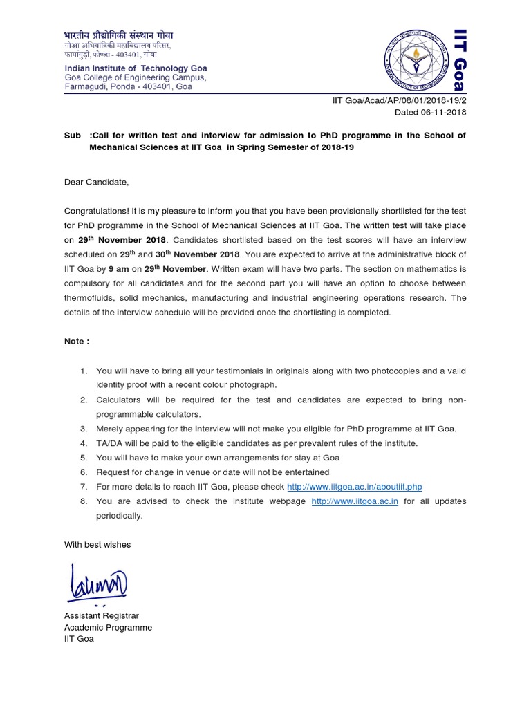 Call Letter For PHD Admission (School of Mechanical Sciences) | PDF ...