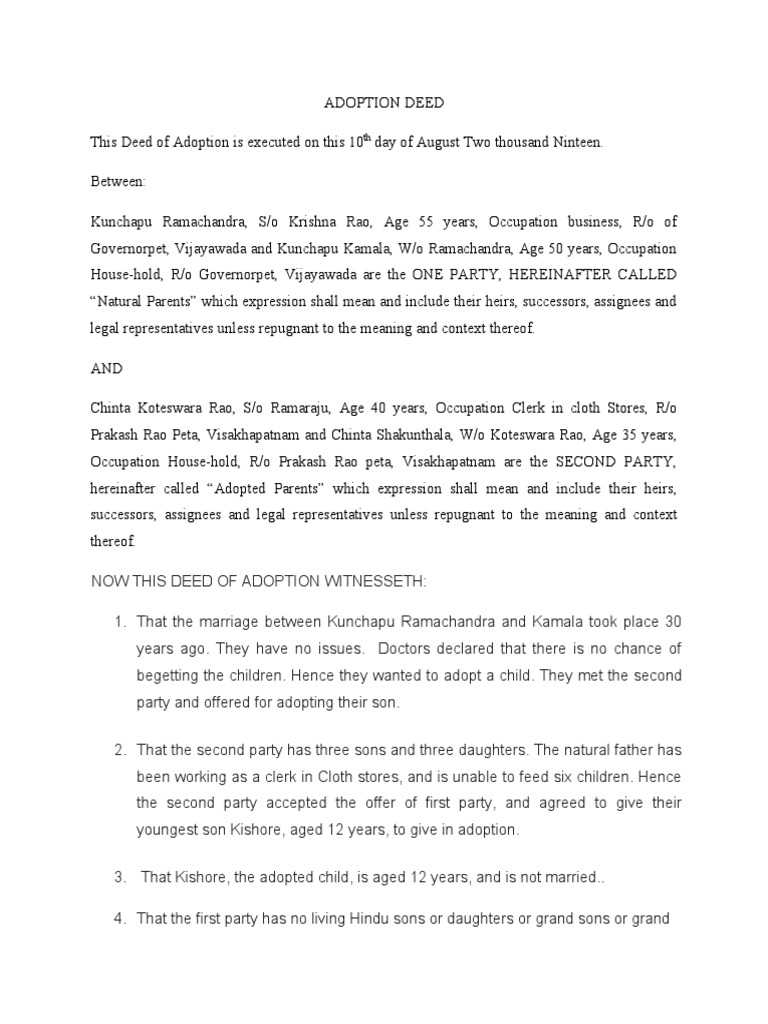 Adoption Deed Model Draft | PDF | Private Law | Kinship And Descent