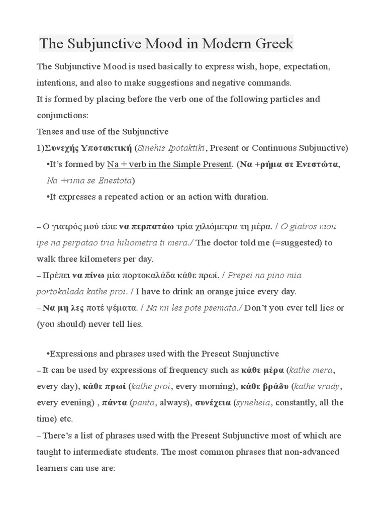 The Subjunctive Mood in Modern Greek: Na +rima Se Enestota) | PDF ...