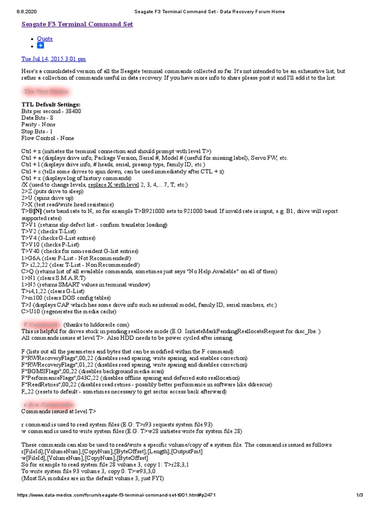 Seagate F3 Terminal Command Set - Data Recovery Forum Home | PDF ...