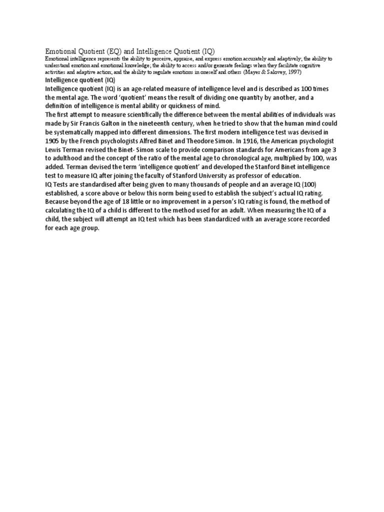 Emotional Quotient (EQ) and Intelligence Quotient (IQ) | PDF | Self ...