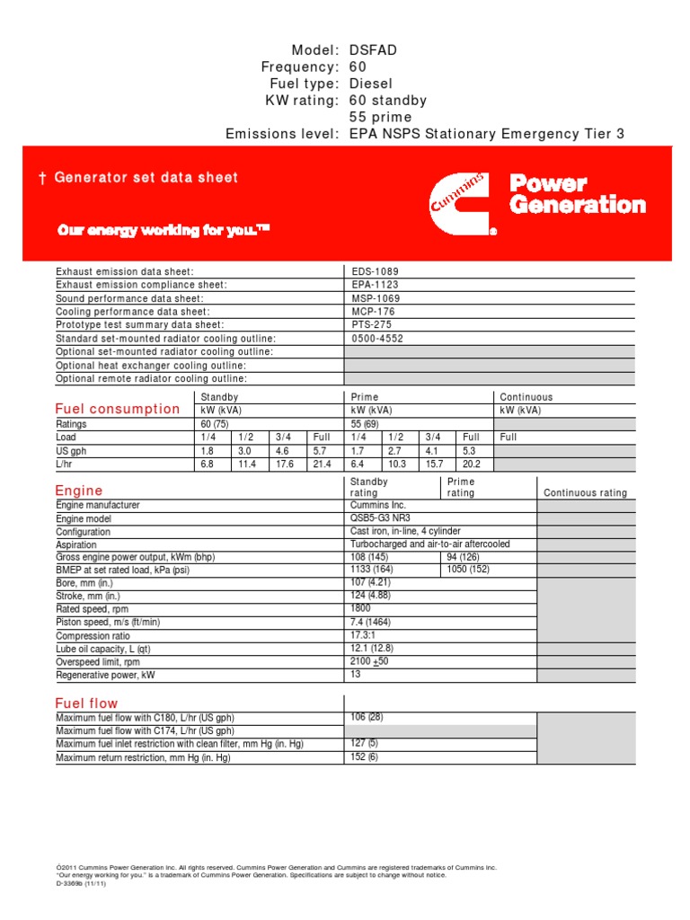 Cummins Power Generaton Diesel Generator DSFAD 60 KW Data Sheet d-3369 ...
