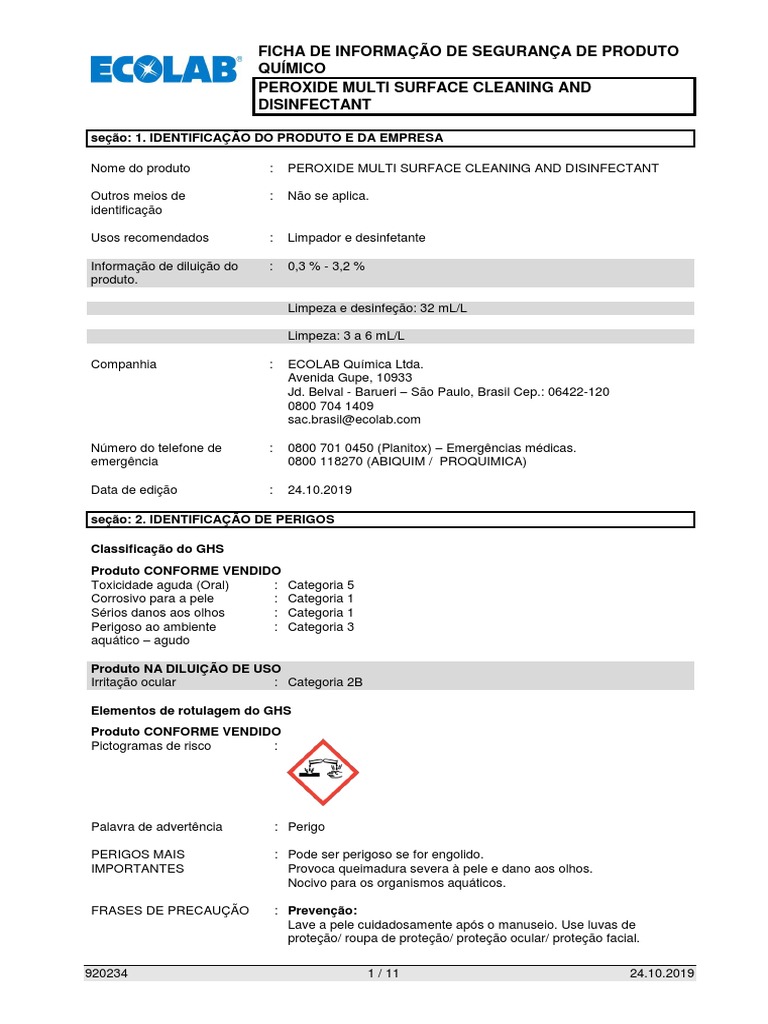 Ecolab - Peroxide Multisurface - Fispq | PDF | Desperdício | Cloro
