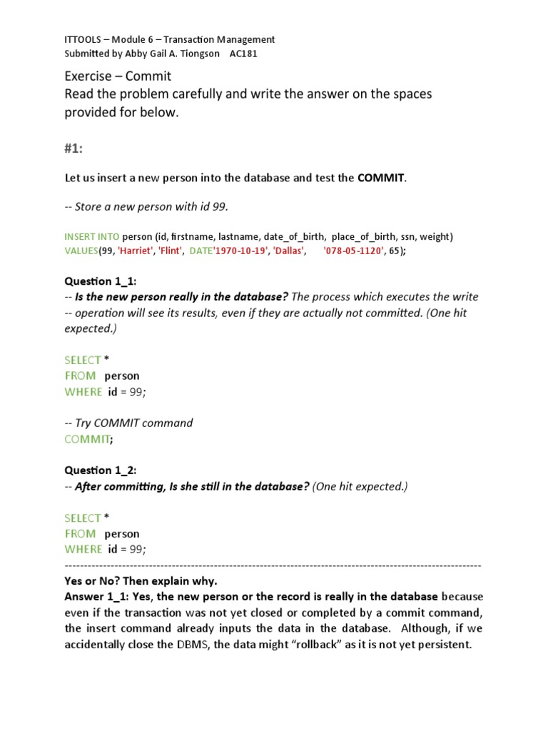 Transaction Management in SQL: Commit & Delete | PDF | Database ...