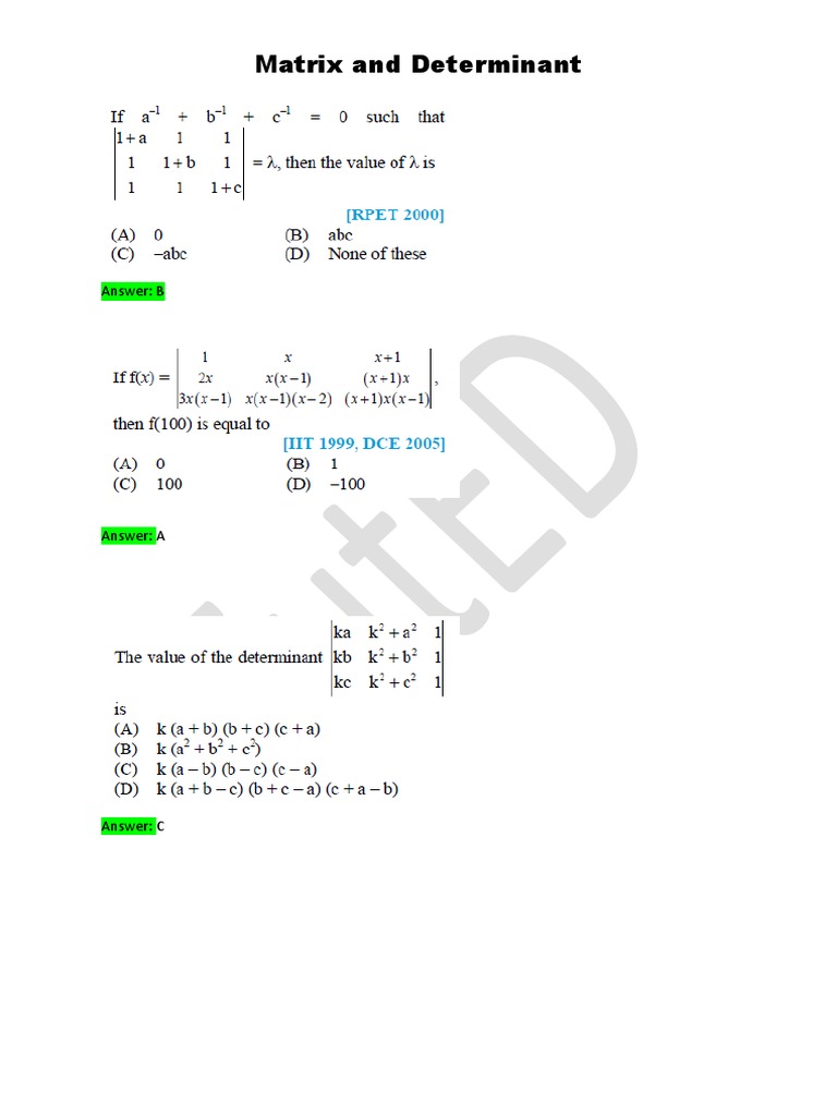 Matrix and Determinant: Answer: B | PDF | Teaching Methods & Materials