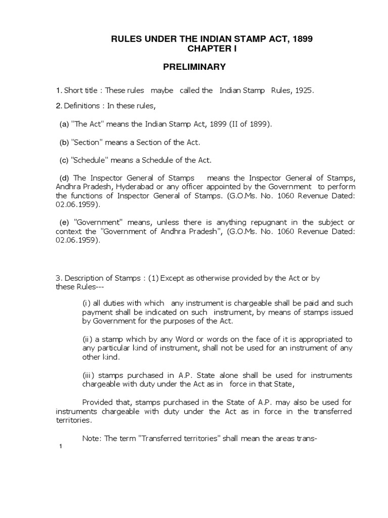 Rules Under The Indian Stamp Act, 1899 Preliminary | PDF | Postage ...