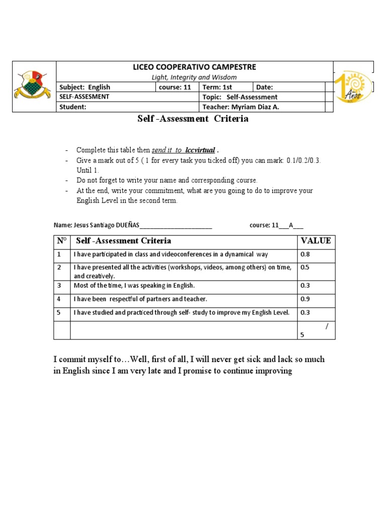 Self - Assessment Criteria: Liceo Cooperativo Campestre | PDF
