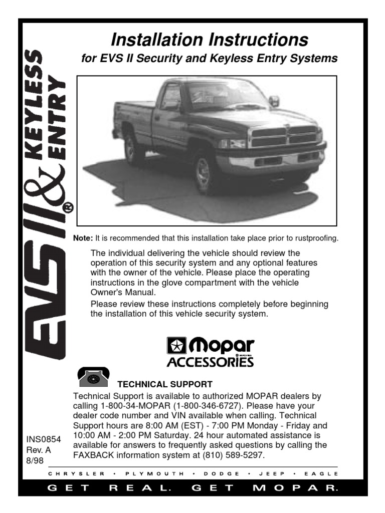 Installation Instructions: For EVS II Security and Keyless Entry ...