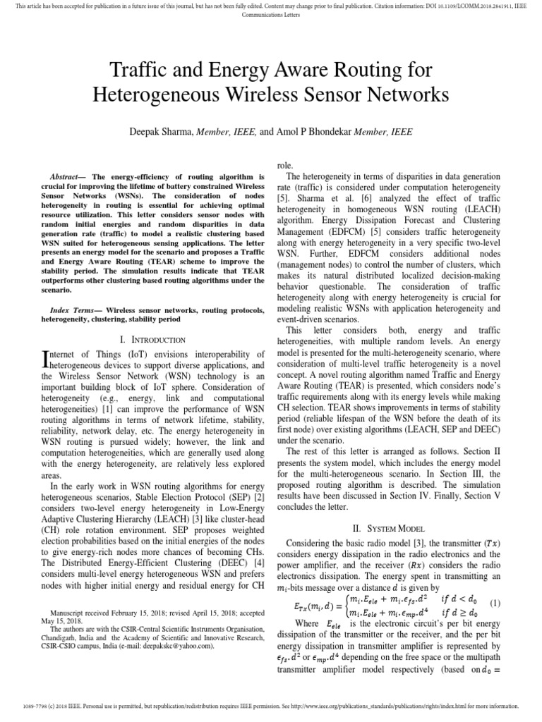 Traffic and Energy Aware Routing For Heterogeneous Wireless Sensor Networks | PDF | Wireless ...
