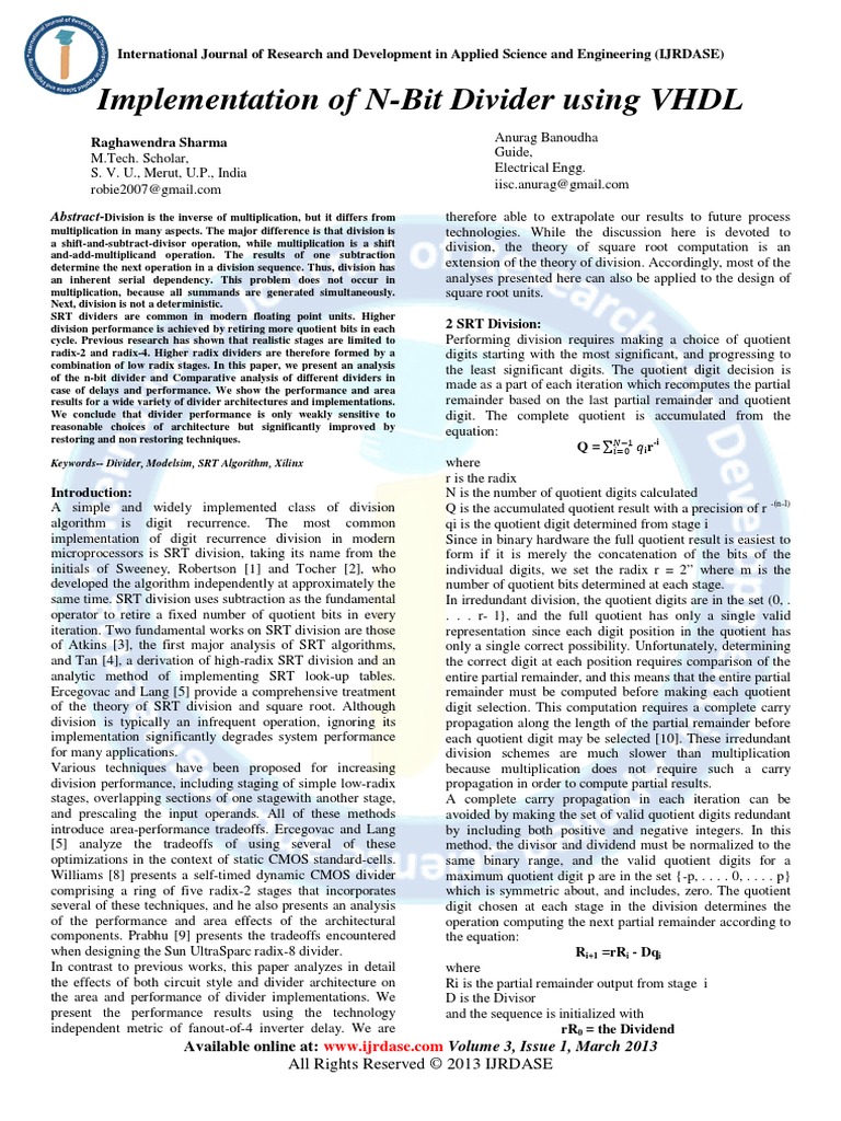 Implementation of N-Bit Divider Using VHDL: Abstract | PDF | Division ...