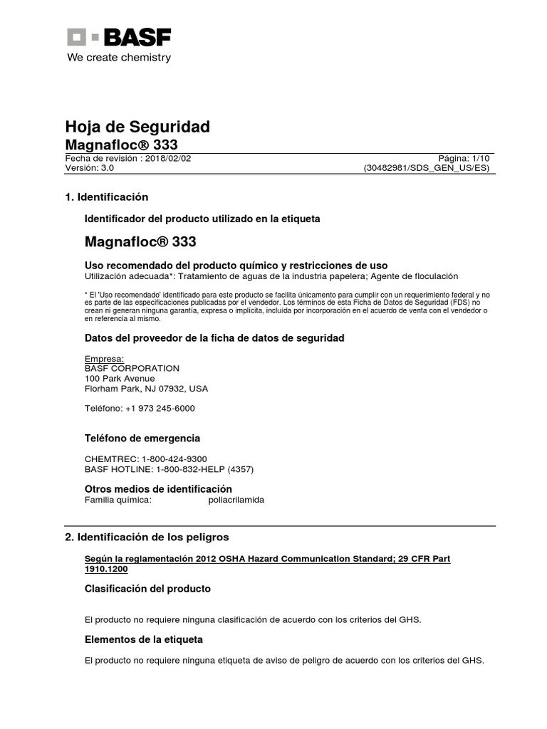 Hoja de Seguridad Magnafloc 333 | PDF | Polvo | Agua