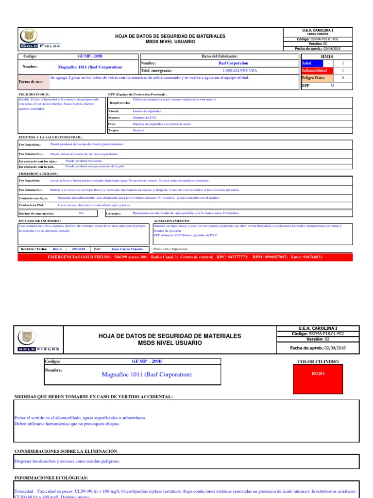 Hoja de Seguridad Magnafloc 1011 | PDF | Biodegradación | Agua