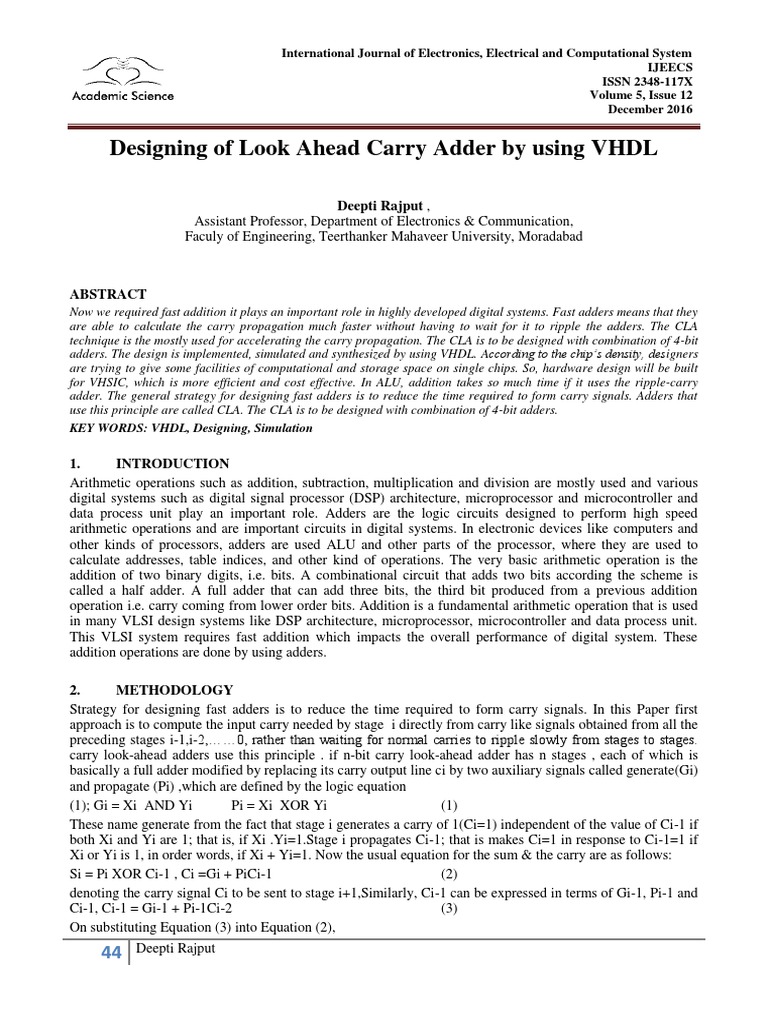 Designing Of Look Ahead Carry Adder By Using Vhdl Pdf Digital