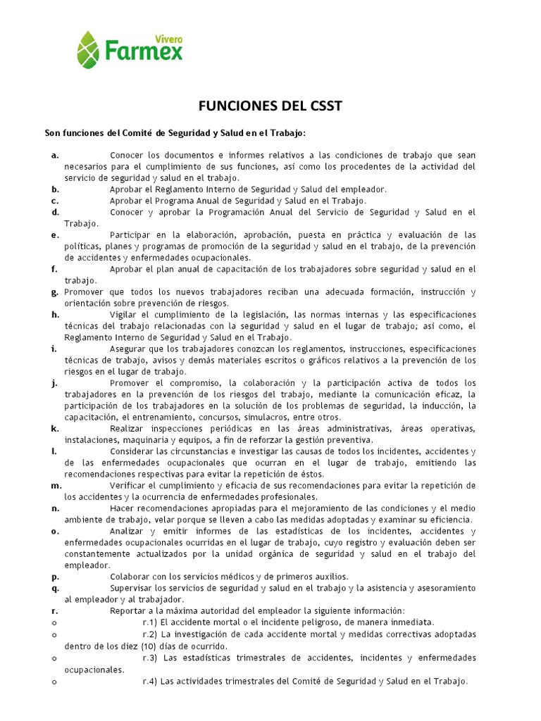 Funciones del Comité de Seguridad y Salud | PDF | Seguridad y salud ...
