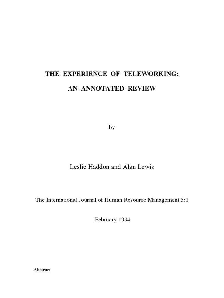 The Experience of Teleworking: An Annotated Review: Leslie Haddon and ...