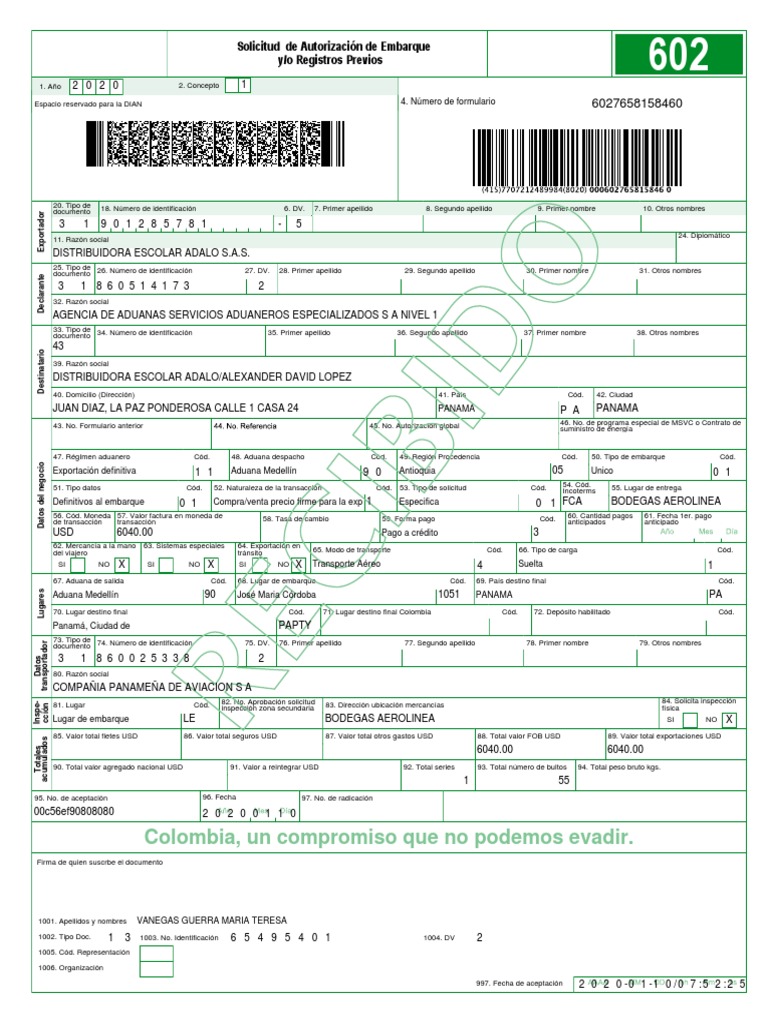 Colombia, Un Compromiso Que No Podemos Evadir.: Solicitud de Autorización de Embarque Y/o ...