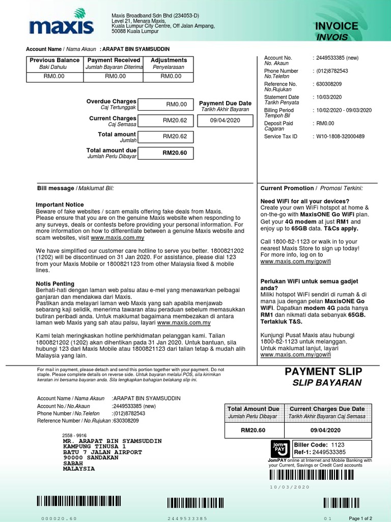 Maxis Broadband Monthly Invoice for Account Number 2449533385 | PDF | Cheque | Debit Card