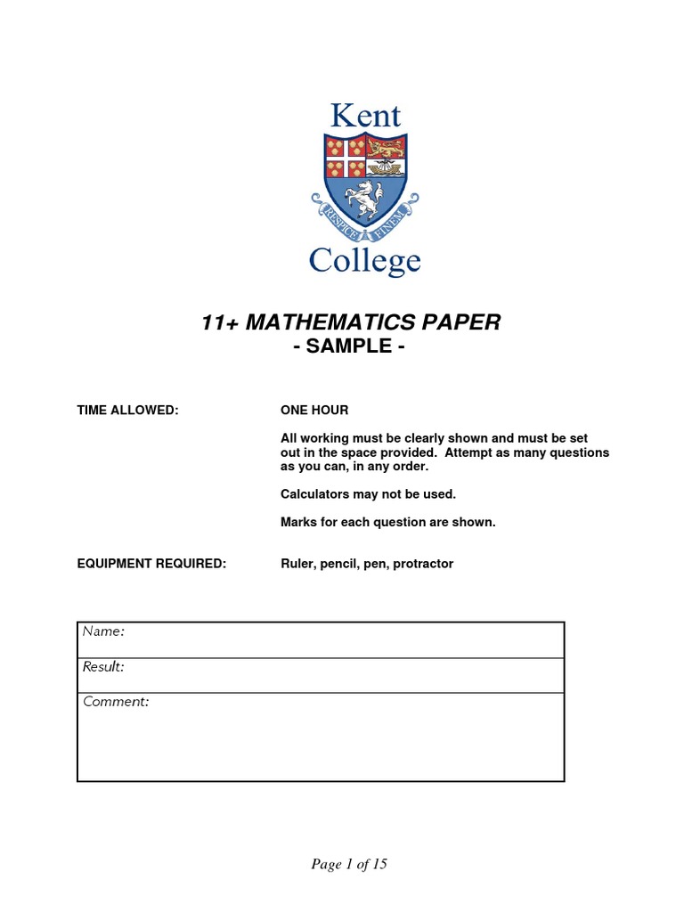 11+ Mathematics Paper: - Sample | PDF | Teaching Mathematics