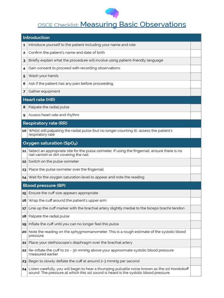 Measuring Basic Observations: OSCE Checklist | PDF | Pulse | Blood Pressure