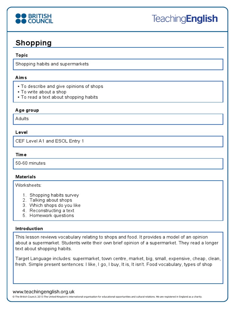 Shopping habits and supermarkets lesson plan for adults | PDF ...