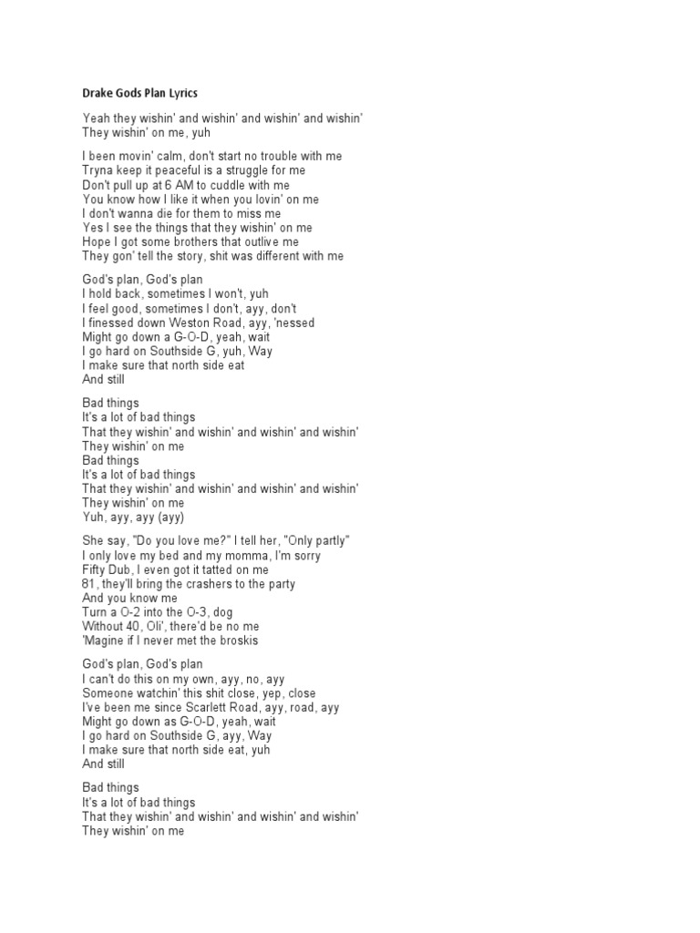 Drake God S Plan Lyrics Pdf