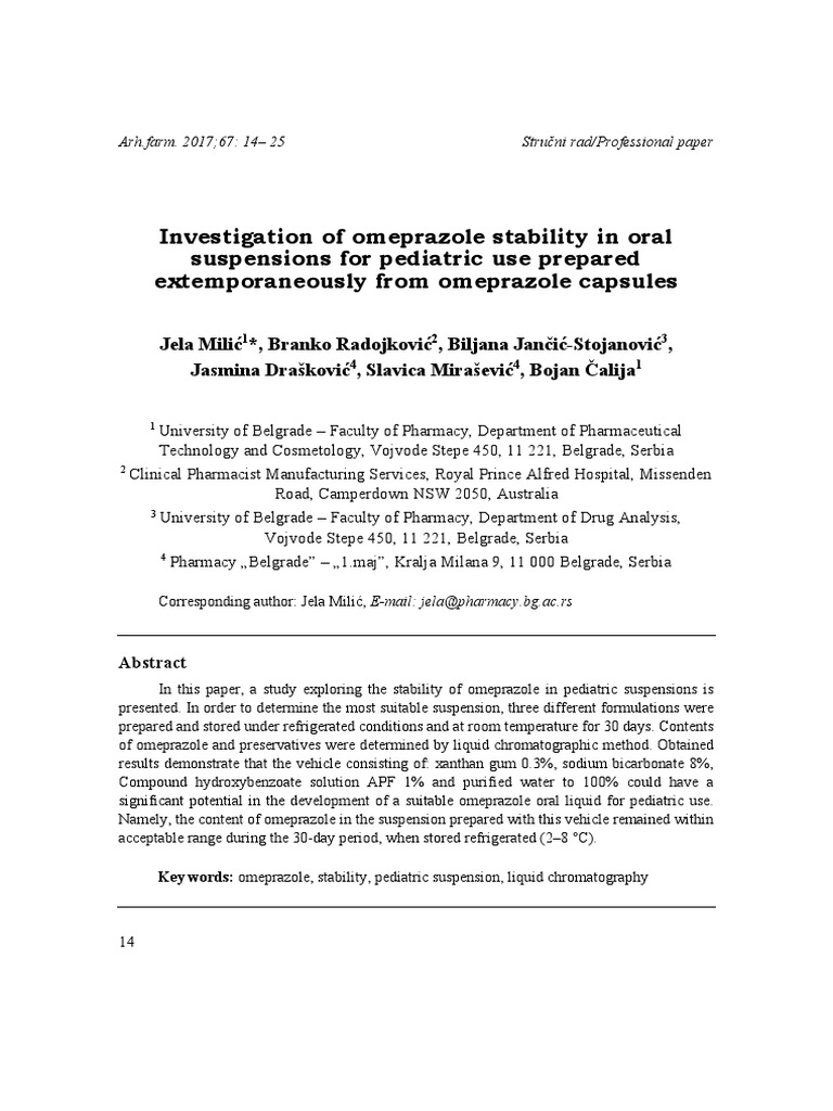 Investigation of Omeprazole Stability in Oral Suspensions For Pediatric ...
