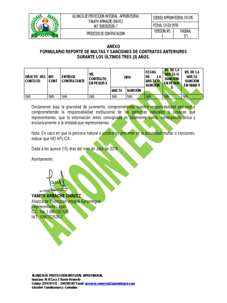 Anexo Formulario Reporte de Multas y Sanciones de Contratos | PDF ...