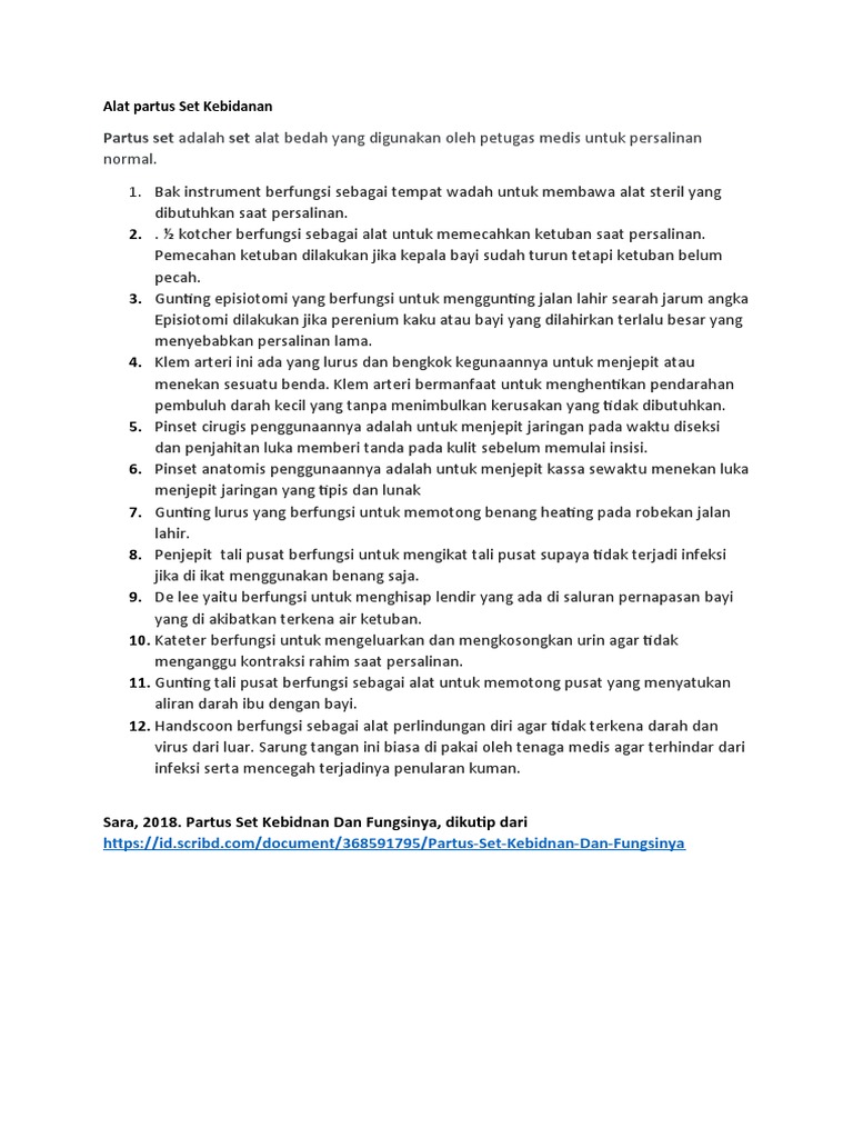 Alat dan Fungsi Partus Set Kebidanan | PDF