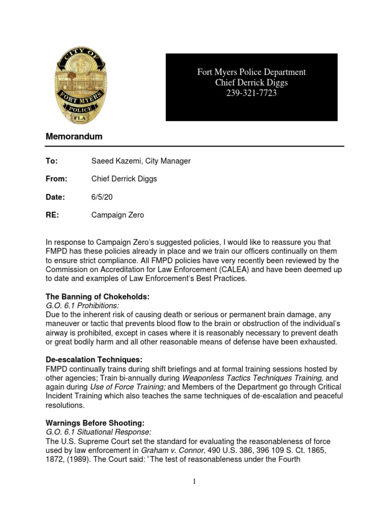 Memorandum: Fort Myers Police Department Chief Derrick Diggs 239-321 ...