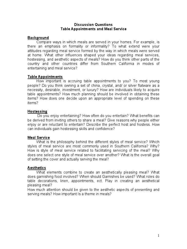 Discussion Questions Table Appointments and Meal Service Background ...
