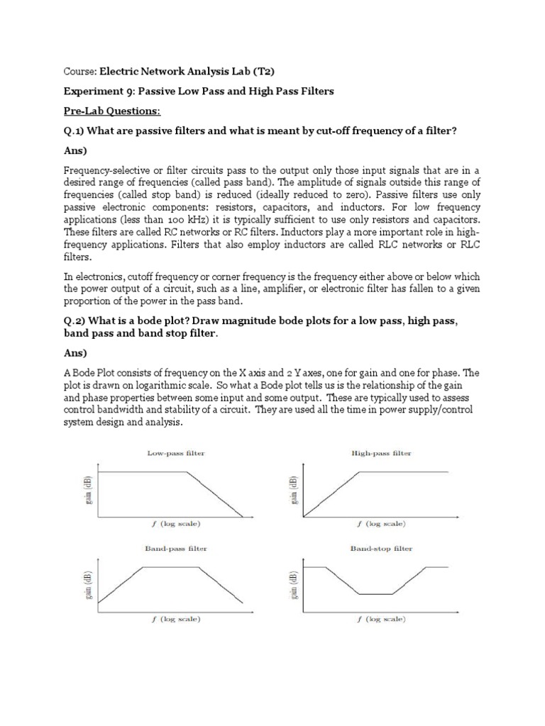 Passive Low Pass and High Pass Filters Prelab | PDF | Electronic Filter ...