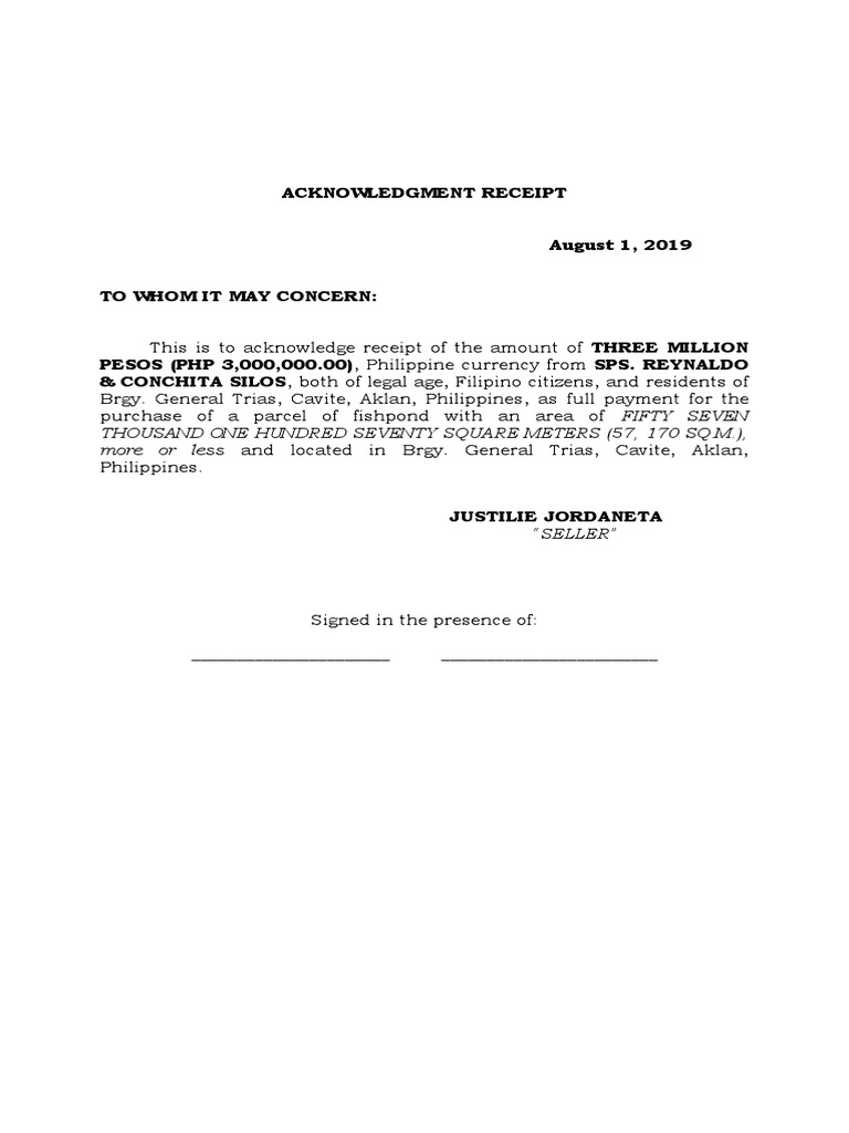 Acknowledgement Receipt - Sale of Real Property | PDF
