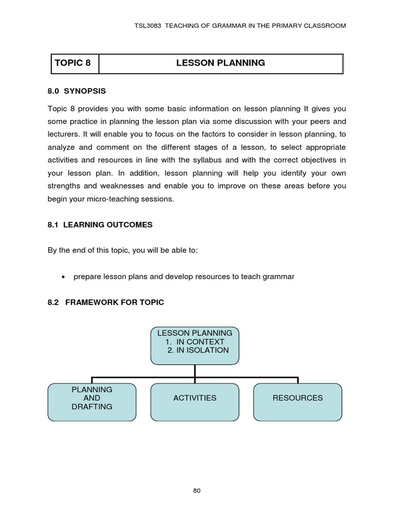 Topic 8 Lesson Planning: 8.0 Synopsis | PDF | Lesson Plan | Teachers