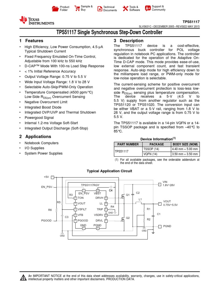 TPS51117 Single Synchronous Step-Down Controller: 1 Features 3 Description | PDF | Rectifier ...