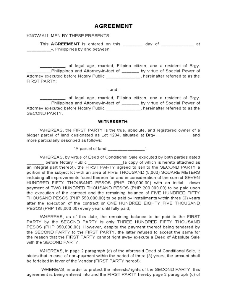 AGREEMENT - Not To Forfeit Proceed of Sales | PDF | Power Of Attorney ...
