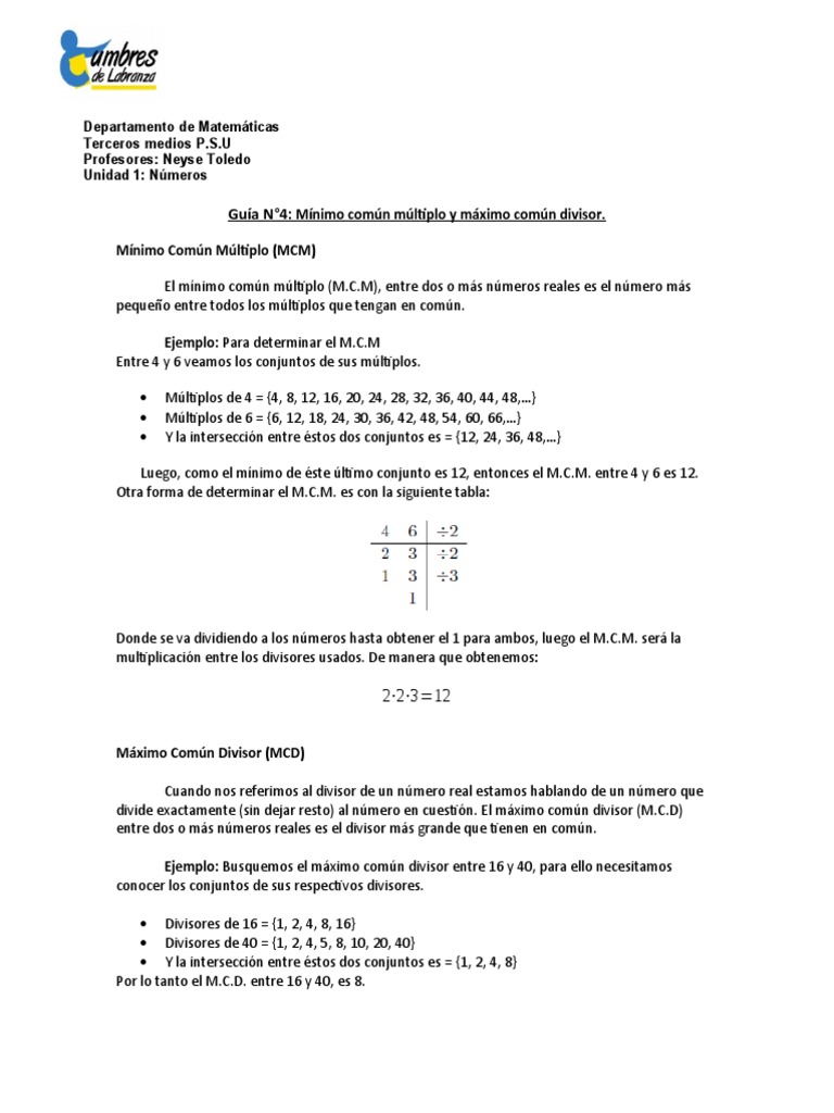 Guia N°4 Mínimo Común Múltiplo y Máximo Común Divisor | PDF | Números ...