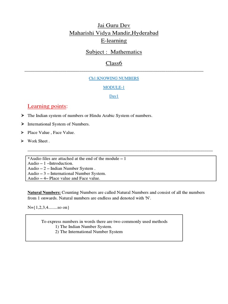 Jai Guru Dev Maharishi Vidya Mandir, Hyderabad E-Learning Subject: Mathematics Class6 ...