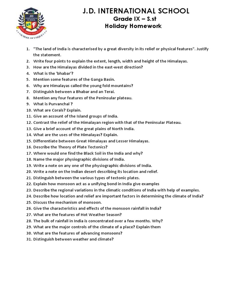 Holiday Homework - Class IX SST | PDF