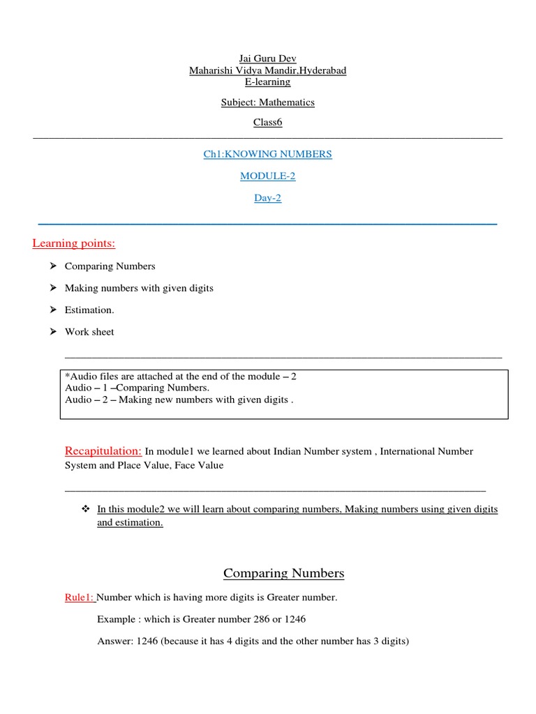 Cls6 Math ch1 Day2 Module2 | PDF | Numbers | Signal Processing