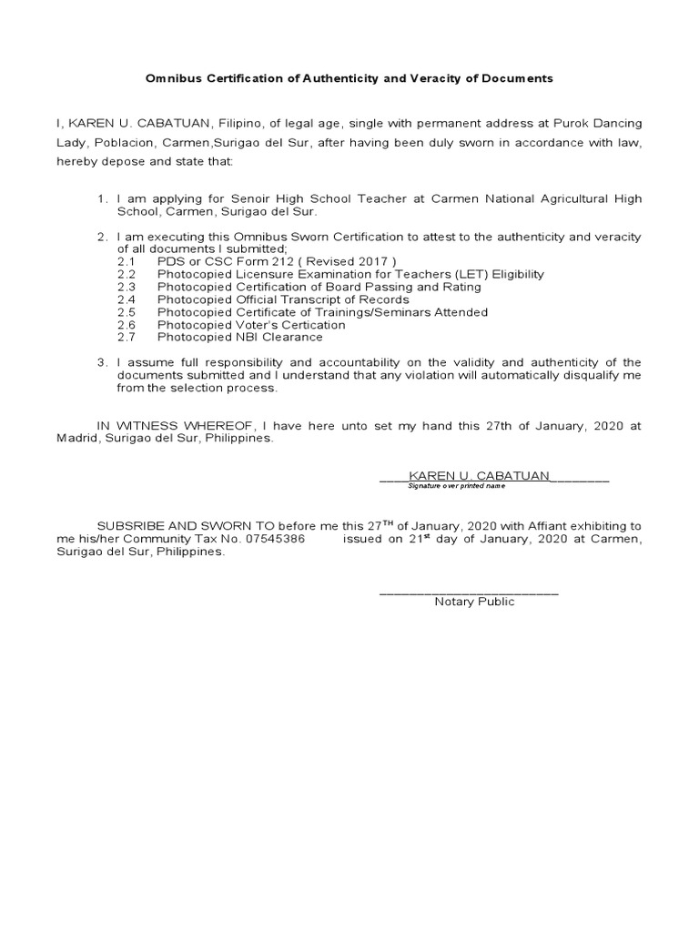 Omnibus Certification of Authenticity and Veracity of Documents v2 | PDF