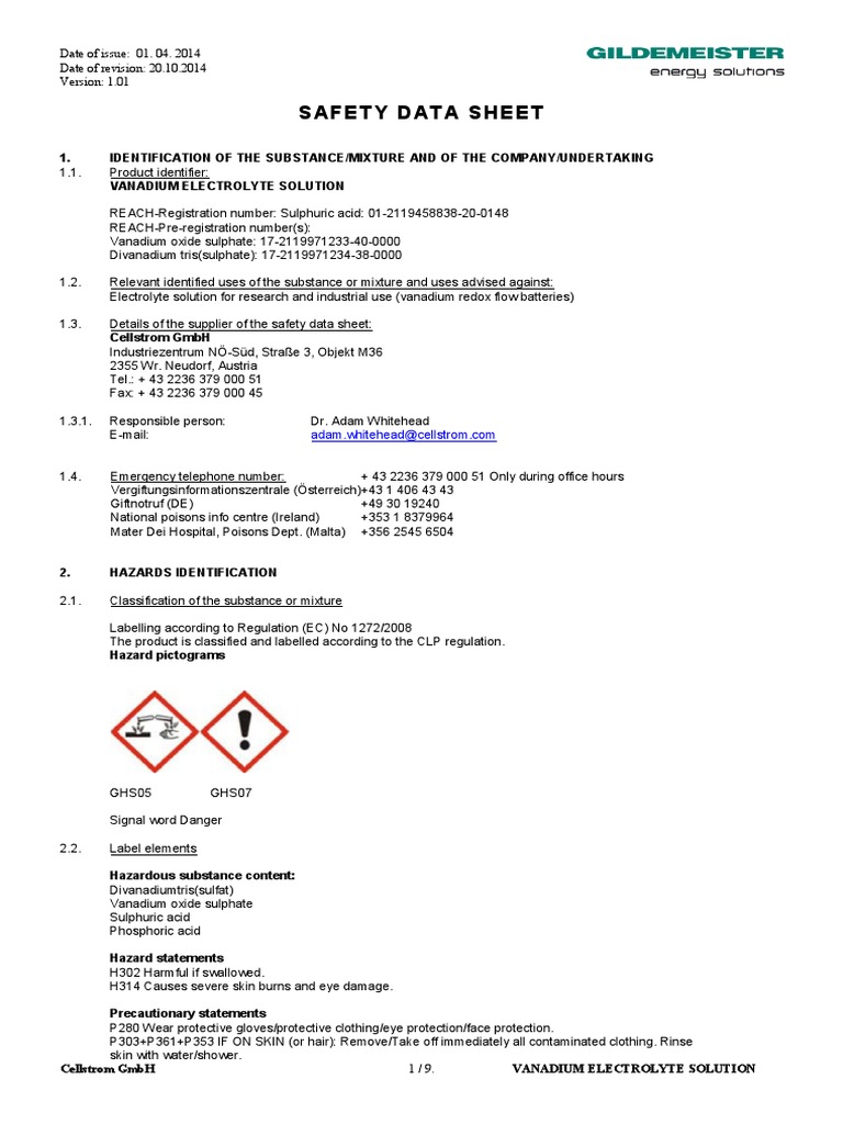 Safety Data Sheet MSDS - Vanadium-Electrolyt-Lösung2014-10-20 | PDF ...