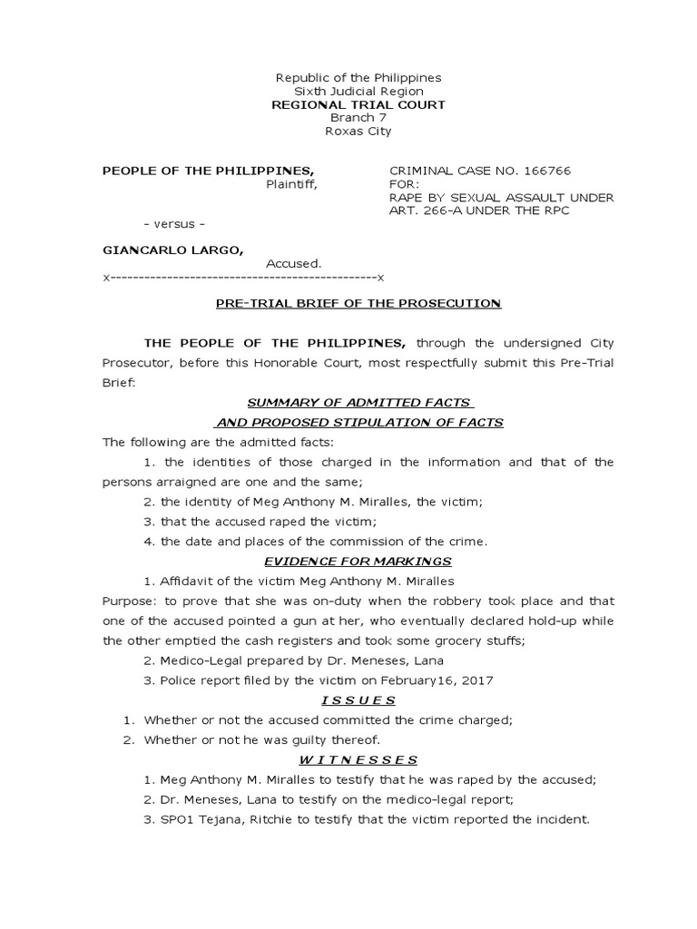 Regional Trial Court: Summary of Admitted Facts and Proposed ...